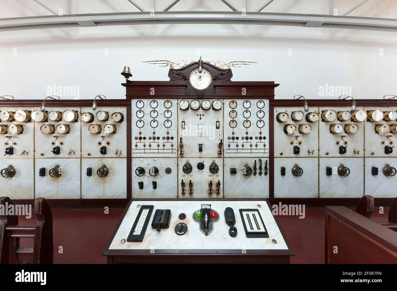 Marble panel and brass clocks of the control panel in the Turbine hall ...