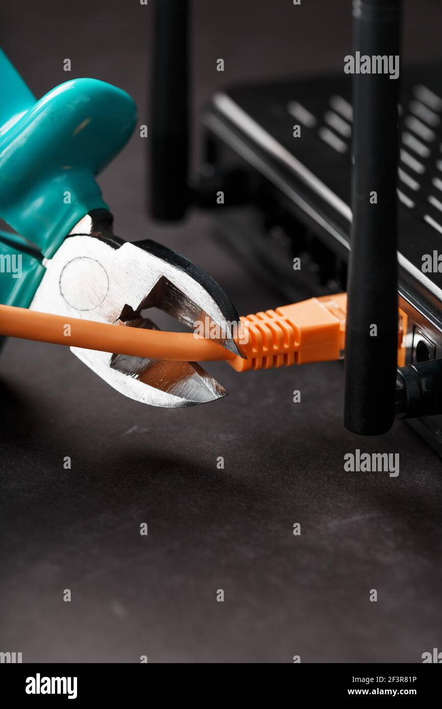 Tearing and cutting with blue wire cutters the network connection of ...
