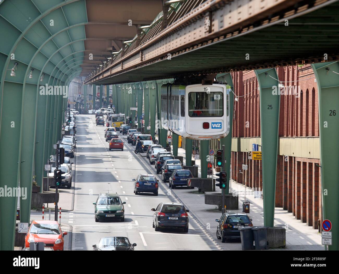 Wuppertal Schwebebahn, or Wuppertal Floating Tram, travelling above a ...