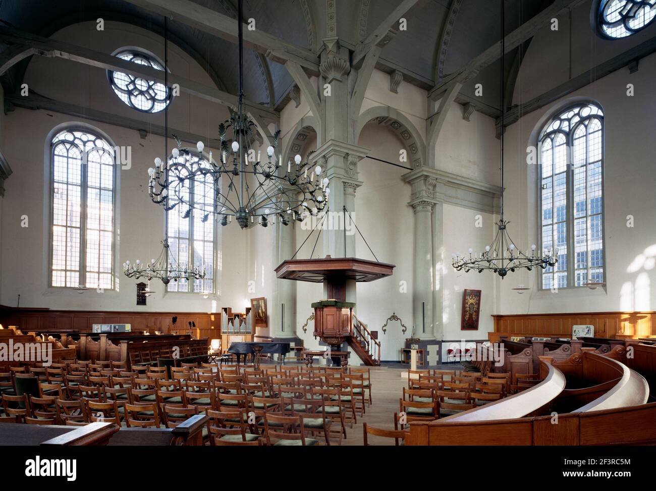 Interior of the Noorderkerk (northern church) with the pulpit, a 17th ...