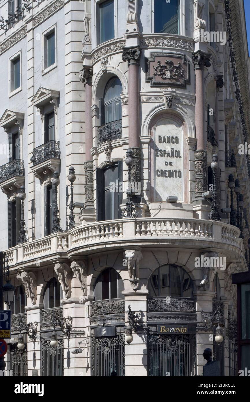 Facade of old bank building (Banco Espanol de Credito) on Alcala Street ...