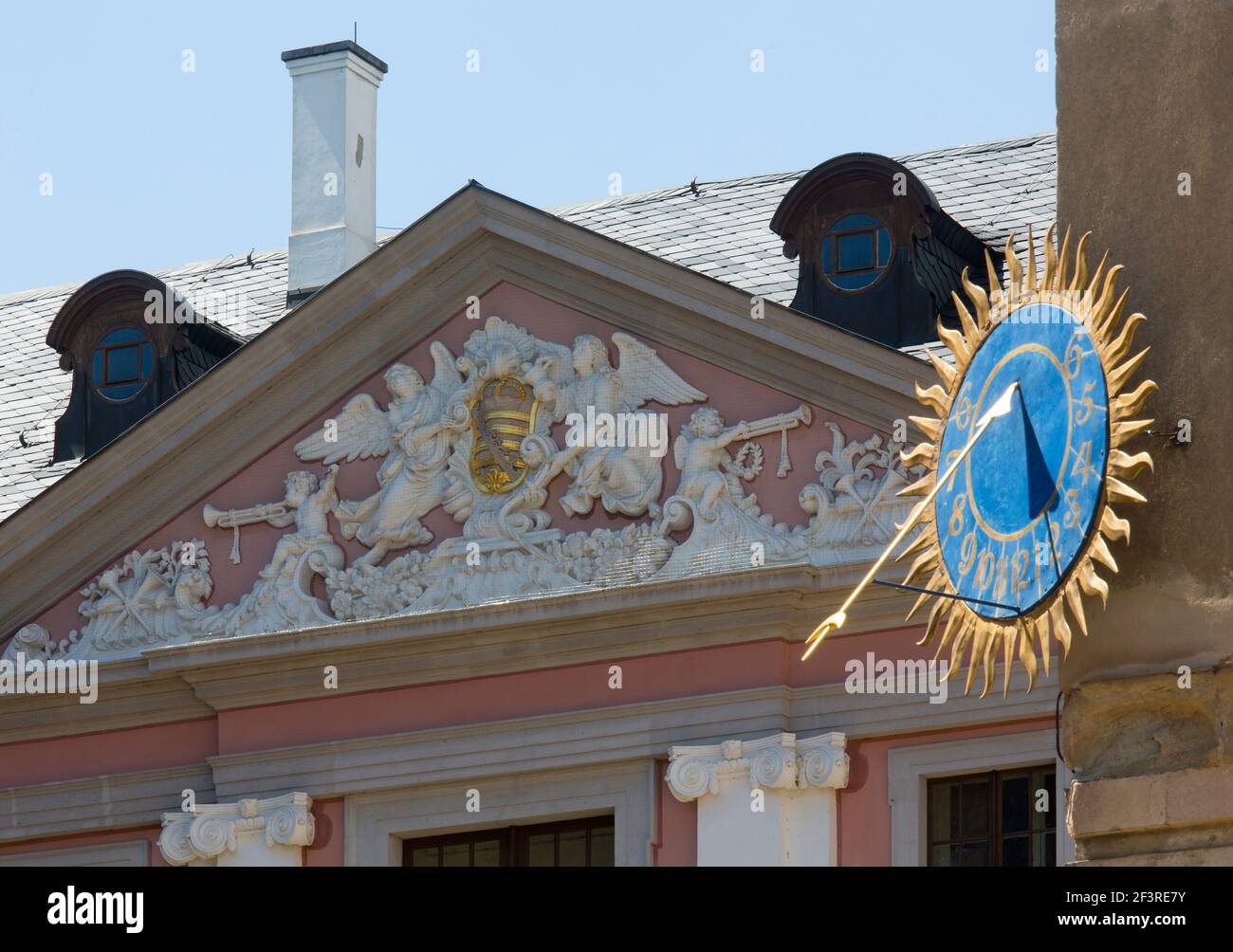 Baroque gable and wall-mounted sundial, Altenburg, Thuringia, Germany ...