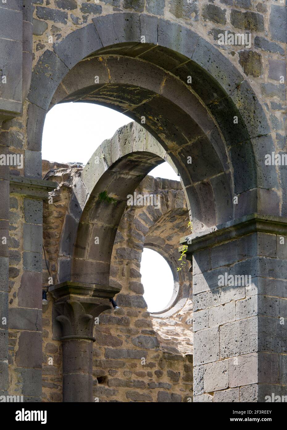 View through arch in ruins of Arnsburg Abbey, Lich, Hesse, Germany ...