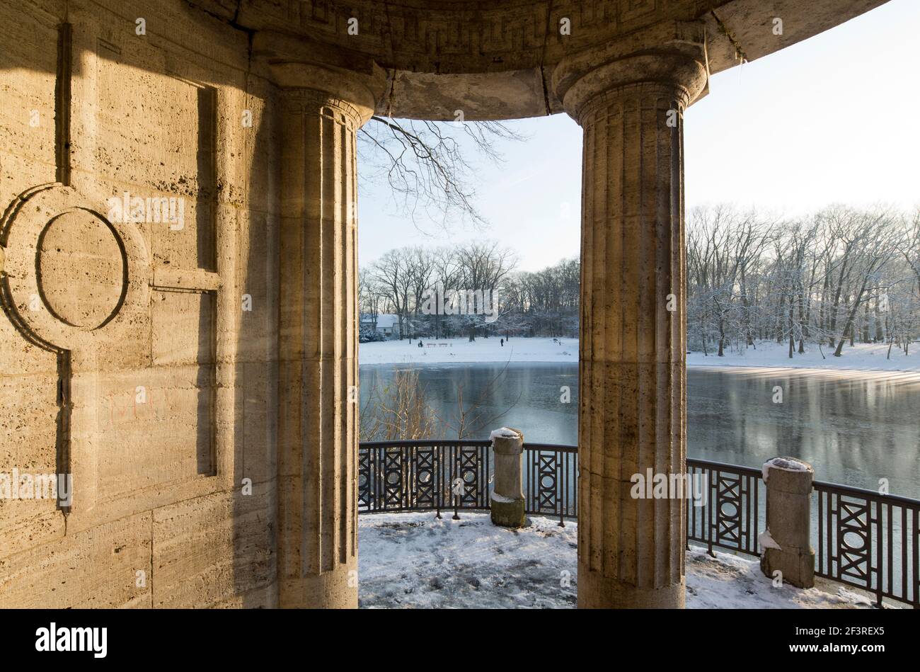 Winter scene in park with relief and columns of folly built in 1913 by ...
