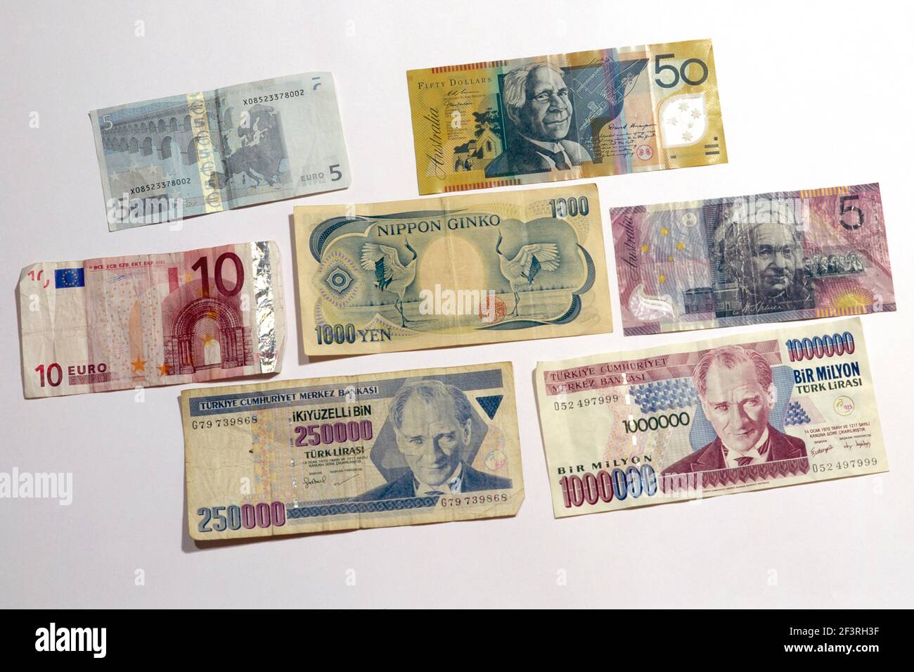 Mixed Currency - Turkish Australian Japanese & Euro Stock Photo - Alamy