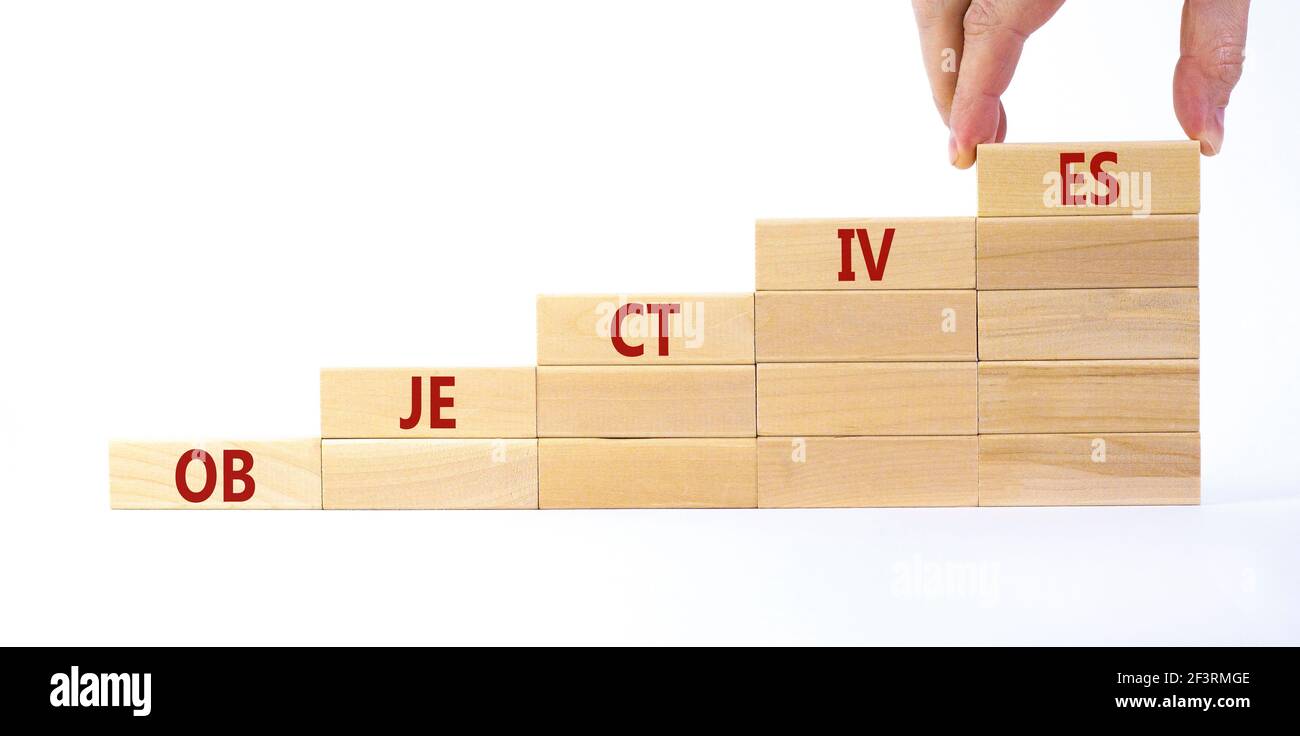 Objectives symbol. Wooden blocks stacking as step stair on white ...