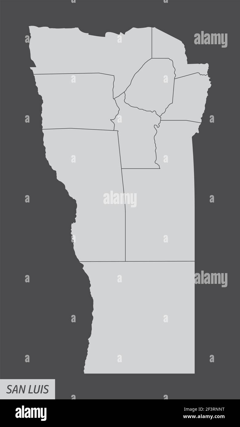 The San Luis province isolated map divided in departments, Argentina ...