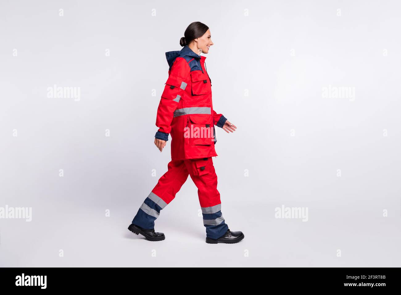 Full length body size profile side view of nice cheerful girl doc ...