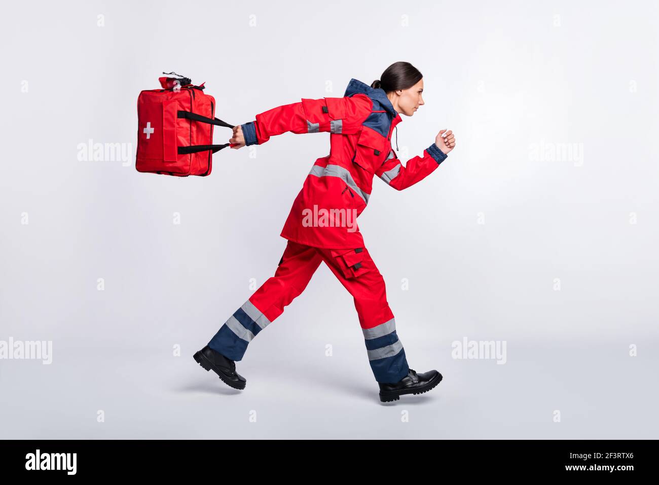 Full length body size profile side view of nice focused girl skilled ...