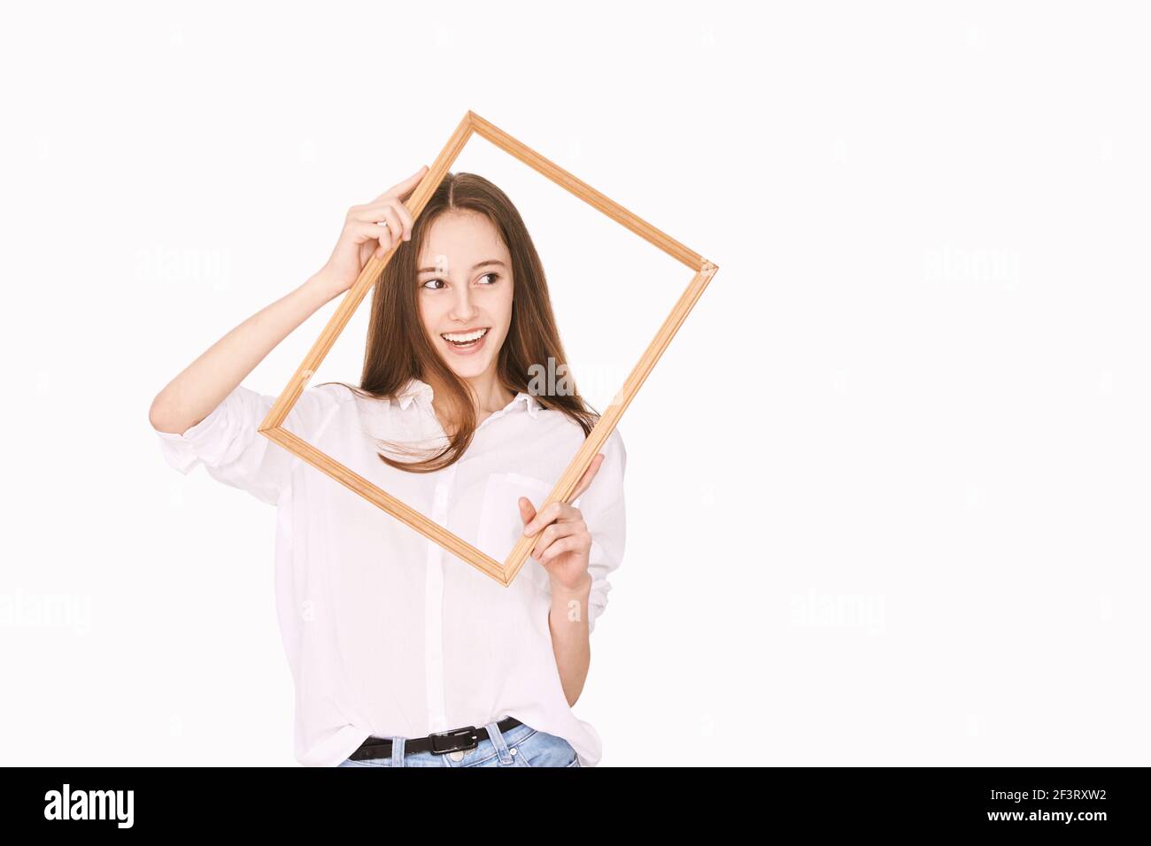 Out of frame concept. Success modern people. Happy smile. Positive ...