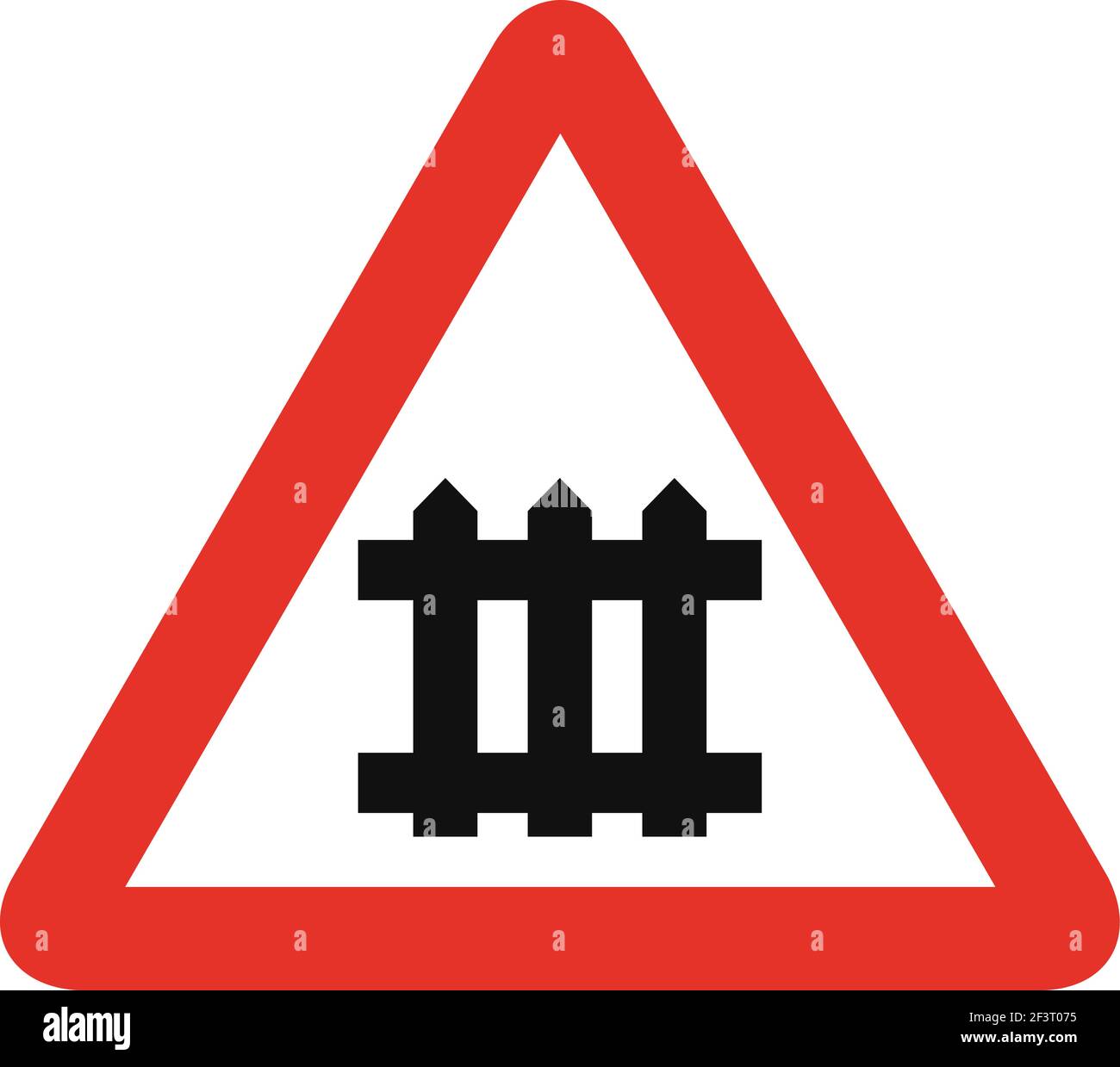 Triangular traffic signal in white and red, isolated on white background. Warning of guarded ...