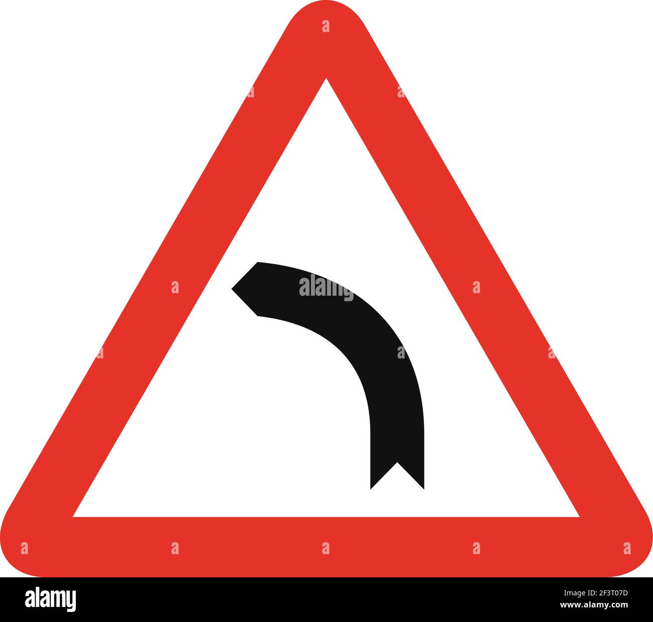 Triangular traffic signal in white and red, isolated on white background. Warning of left hand ...