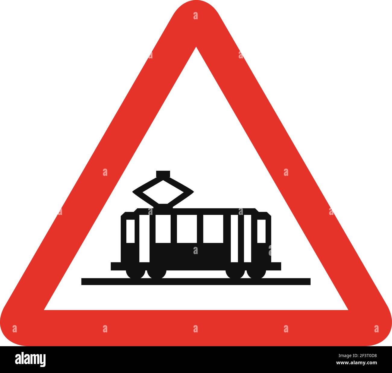 Triangular traffic signal in white and red, isolated on white background. Warning of tram ...