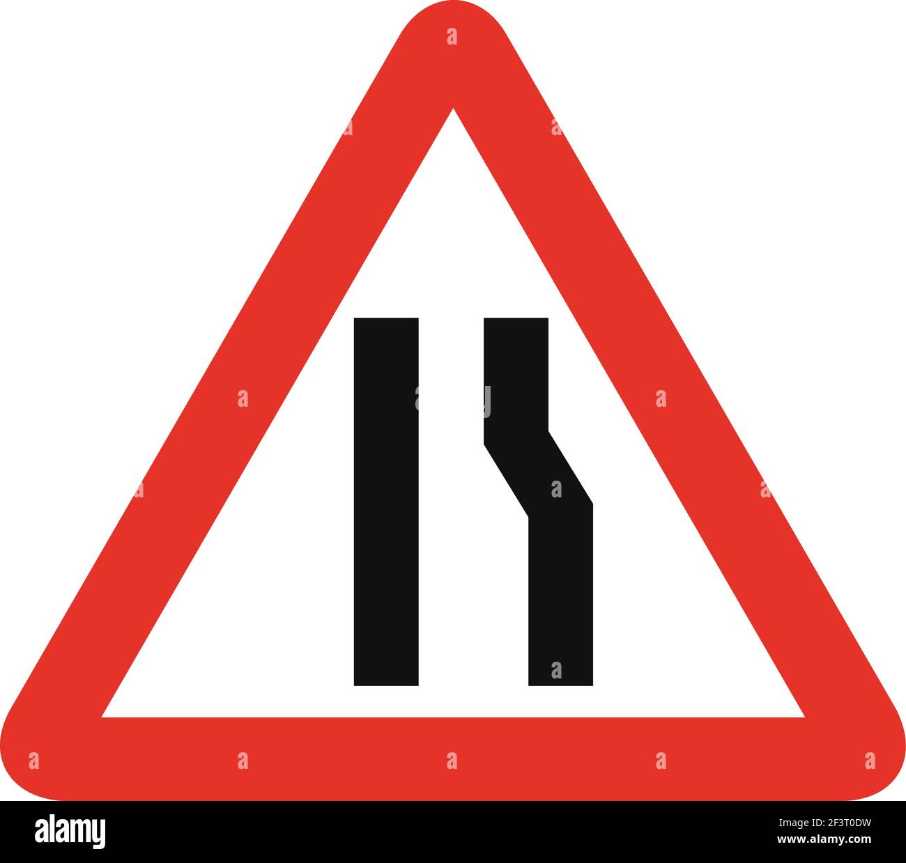 Triangular traffic signal in white and red, isolated on white background. Warning of narrow road ...