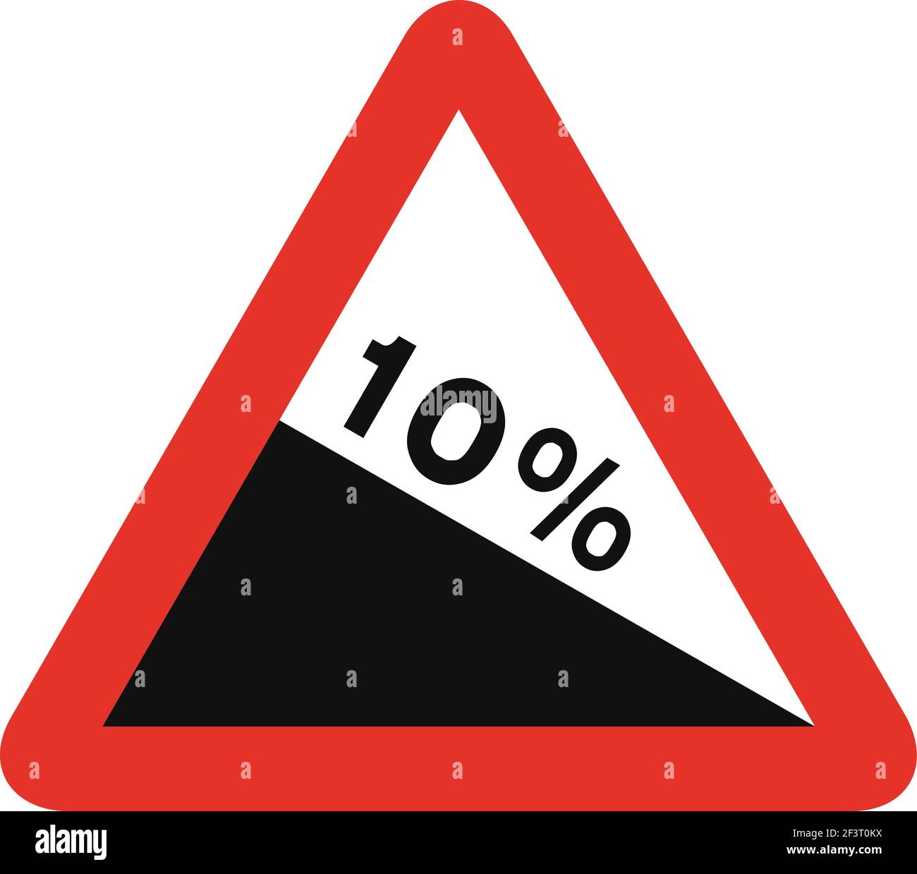 Triangular traffic signal in white and red, isolated on white background. Warning of steep ...