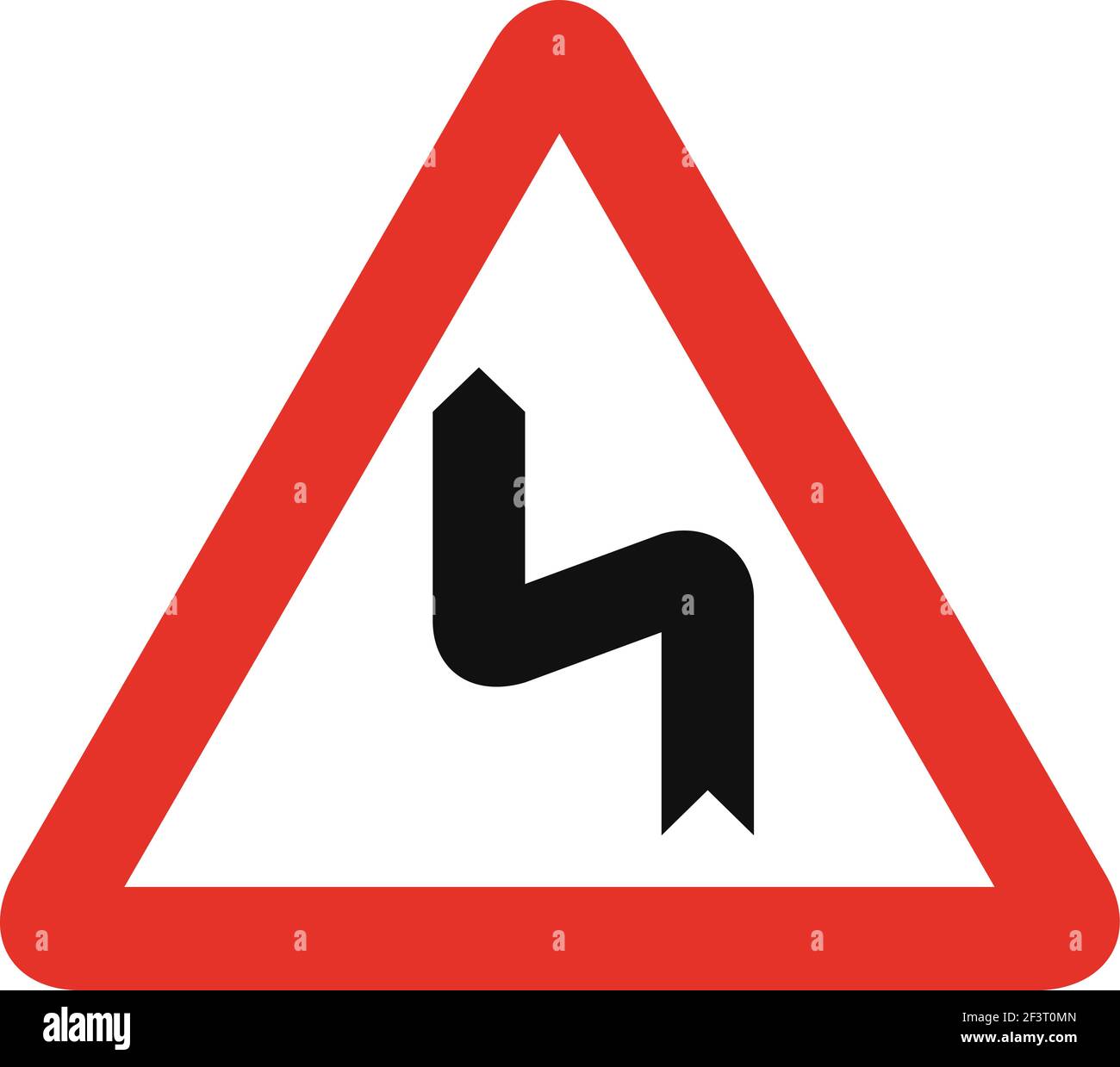 Triangular traffic signal in white and red, isolated on white background. Warning of left ...