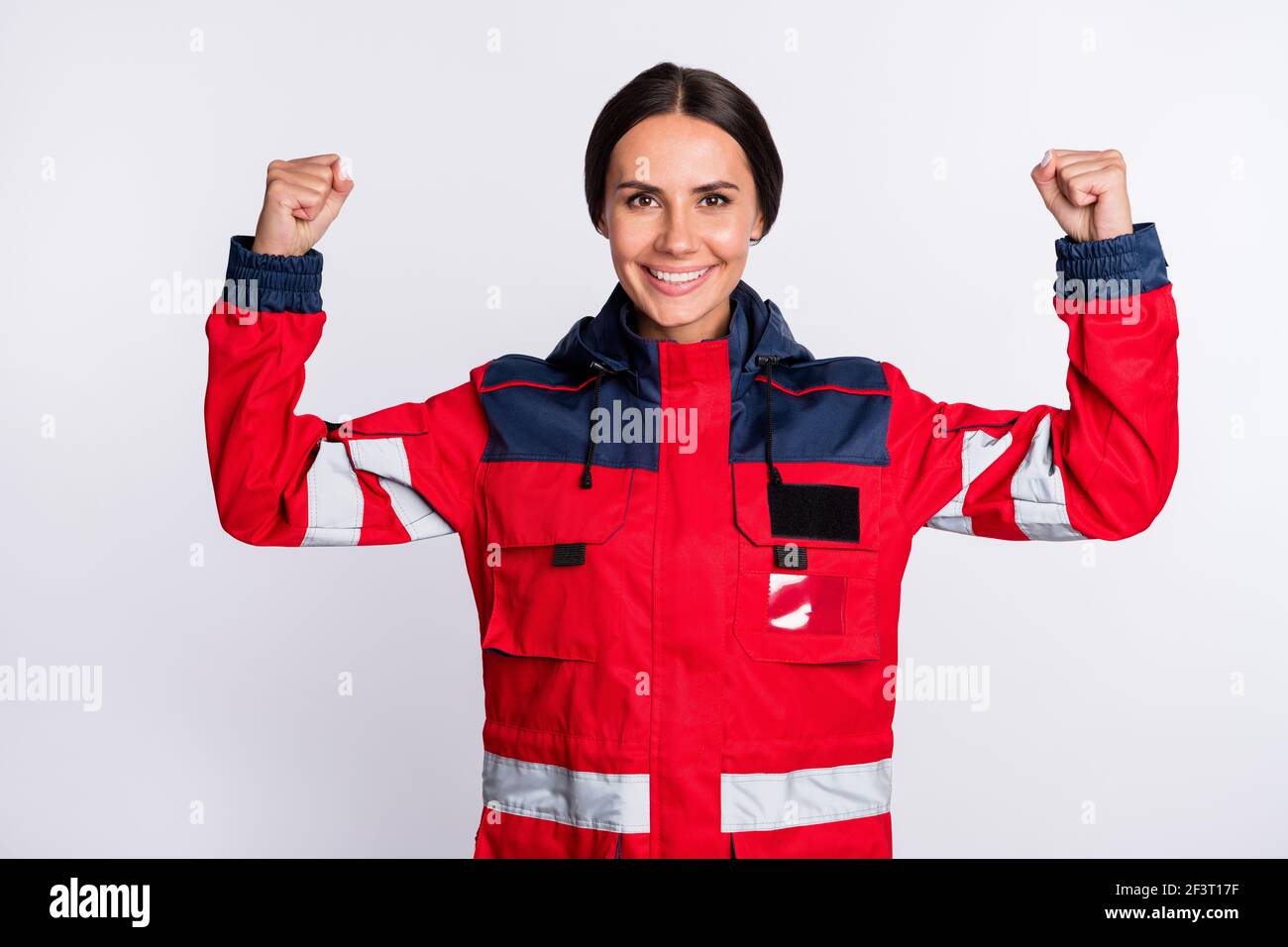 Photo of young woman happy positive smile paramedic first aid show hand ...