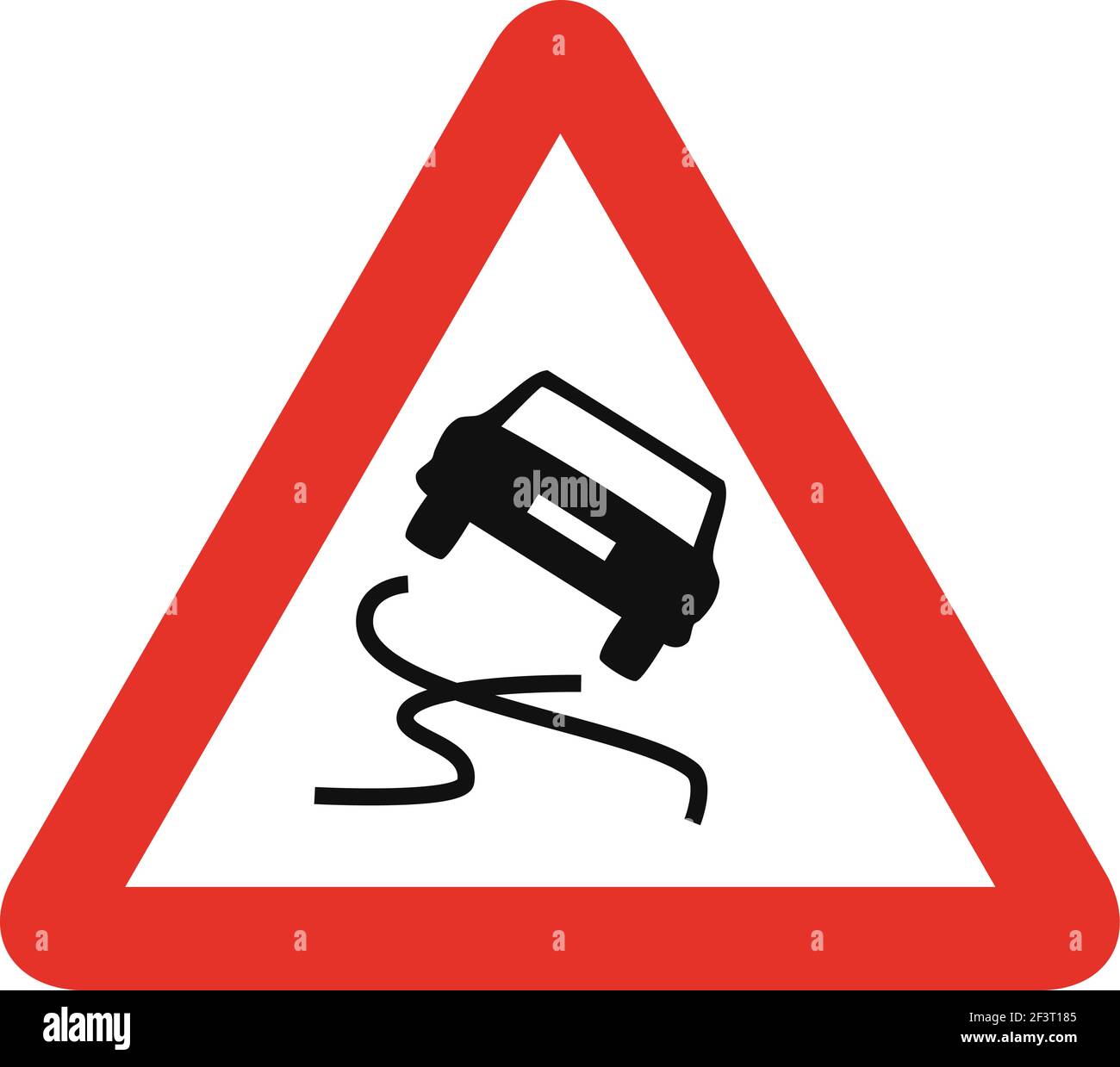 Triangular traffic signal in white and red, isolated on white background. Warning of slippery ...