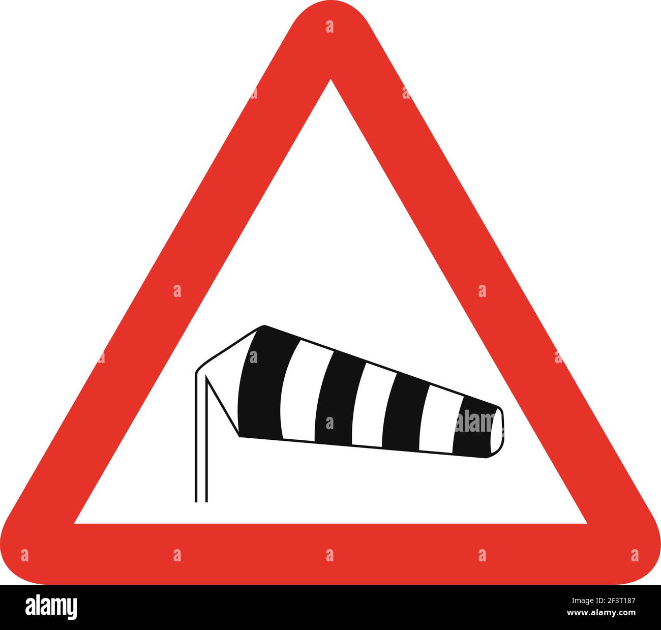 Triangular traffic signal in white and red, isolated on white background. Warning of cross wind ...