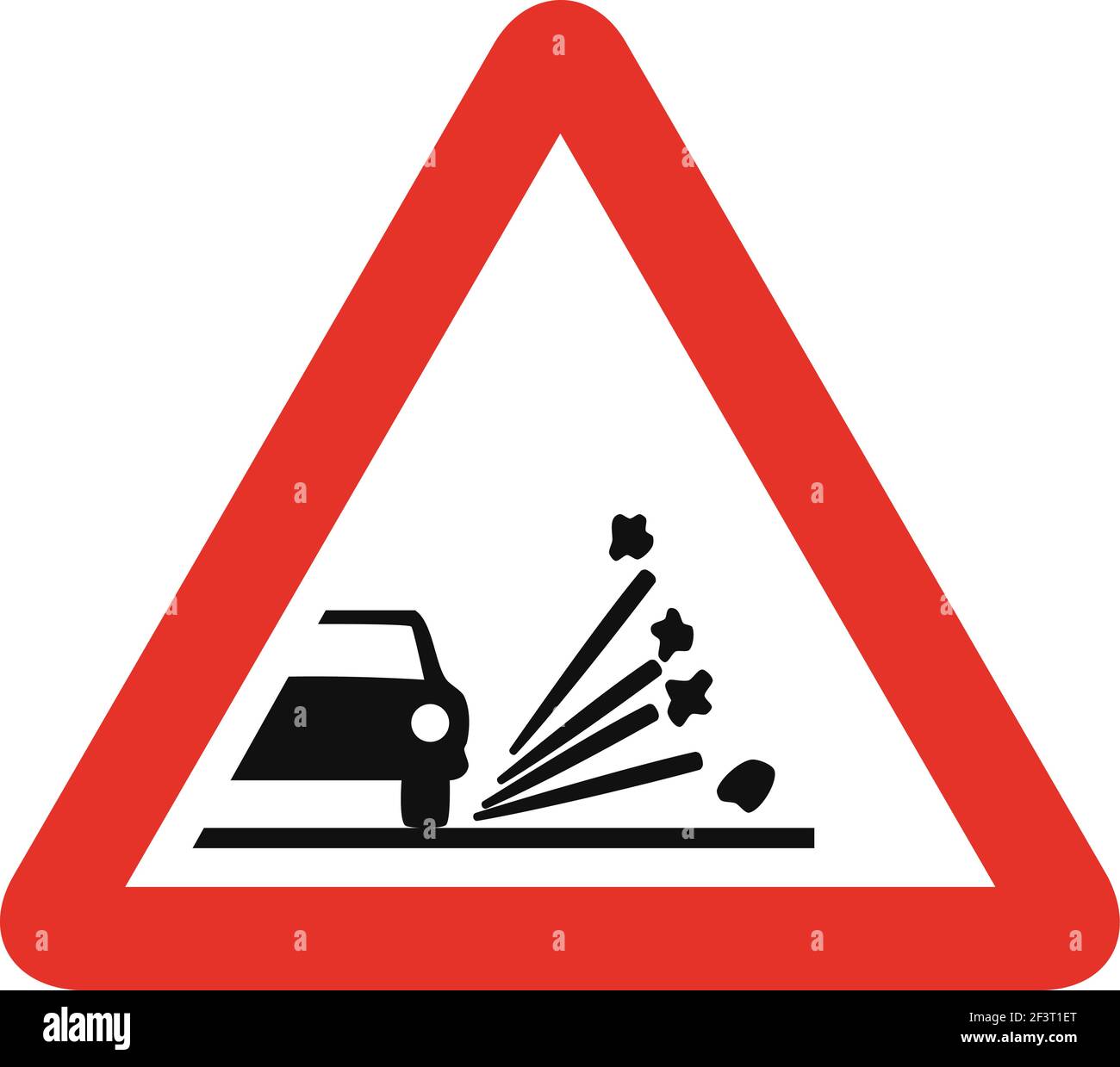 Triangular traffic signal in white and red, isolated on white background. Warning of loose ...