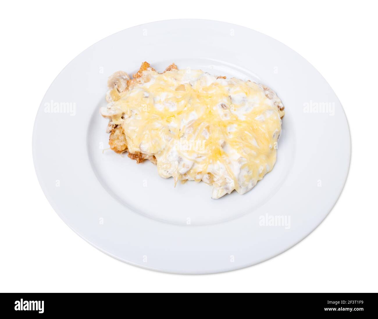 Homemade breaded schnitzel with cheese and mushrooms. Isolated on a ...