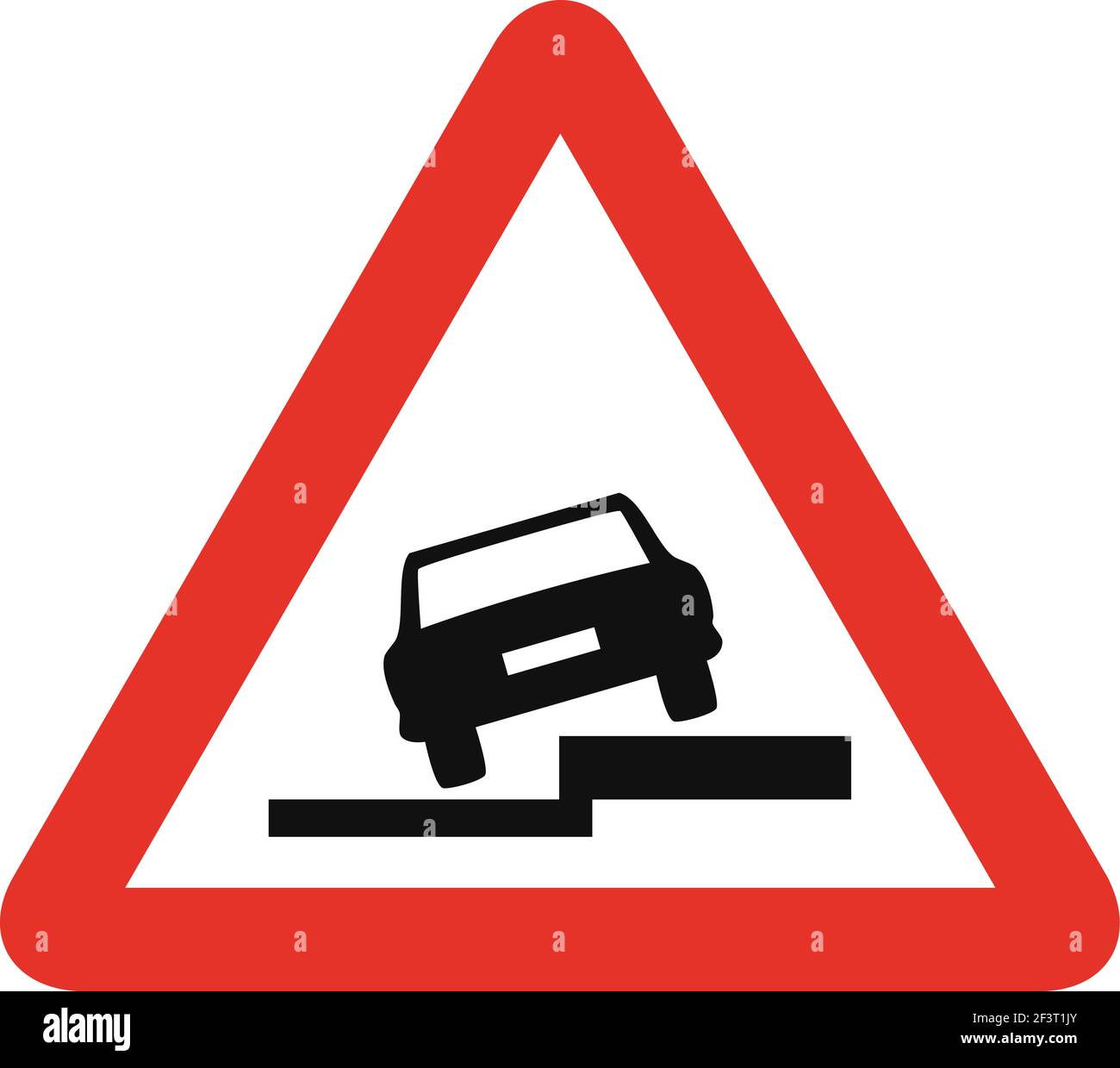 Triangular traffic signal in white and red, isolated on white background. Warning of side slope ...