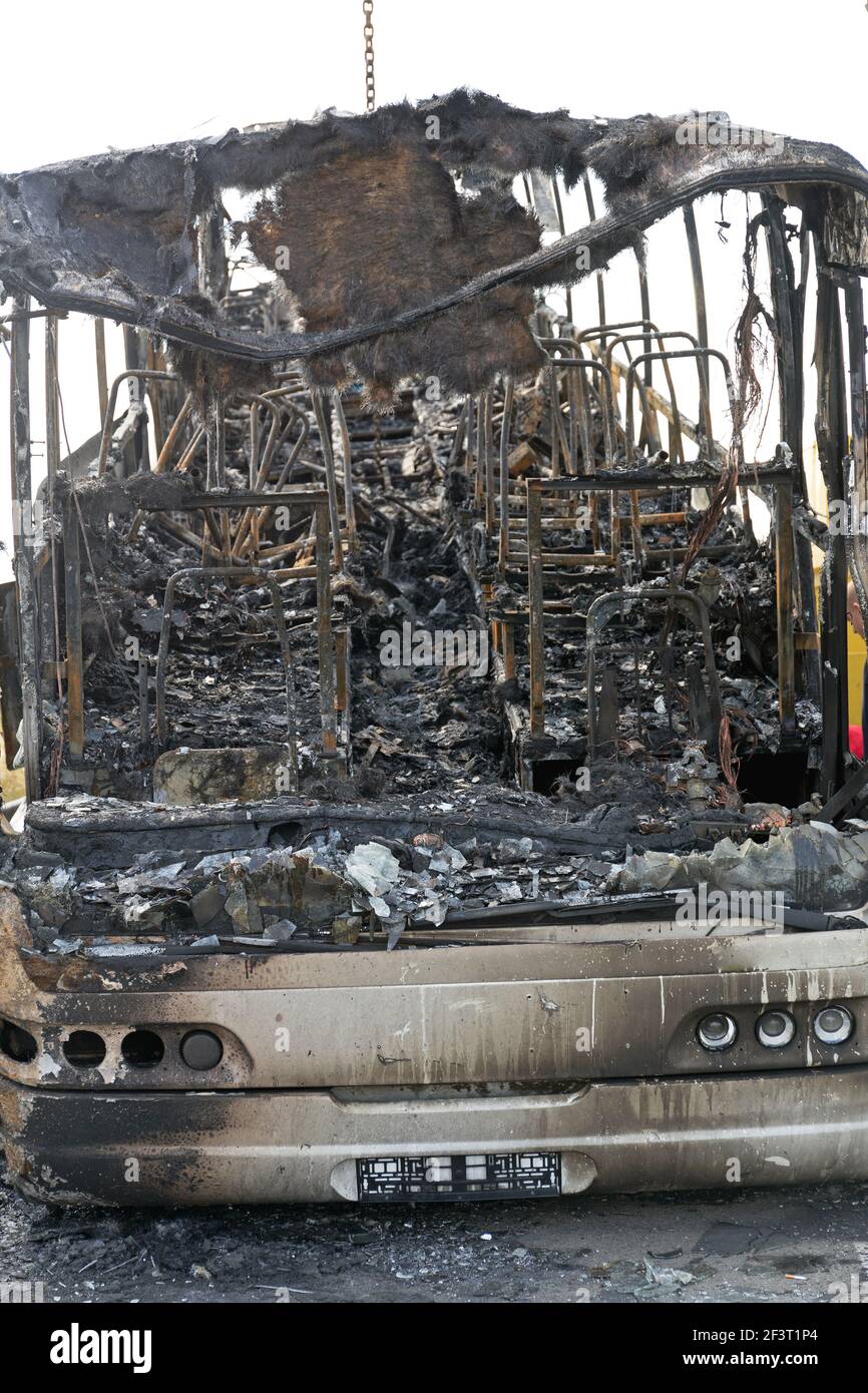 Burned Coach Bus Vehicle at Highway Accident Stock Photo - Alamy