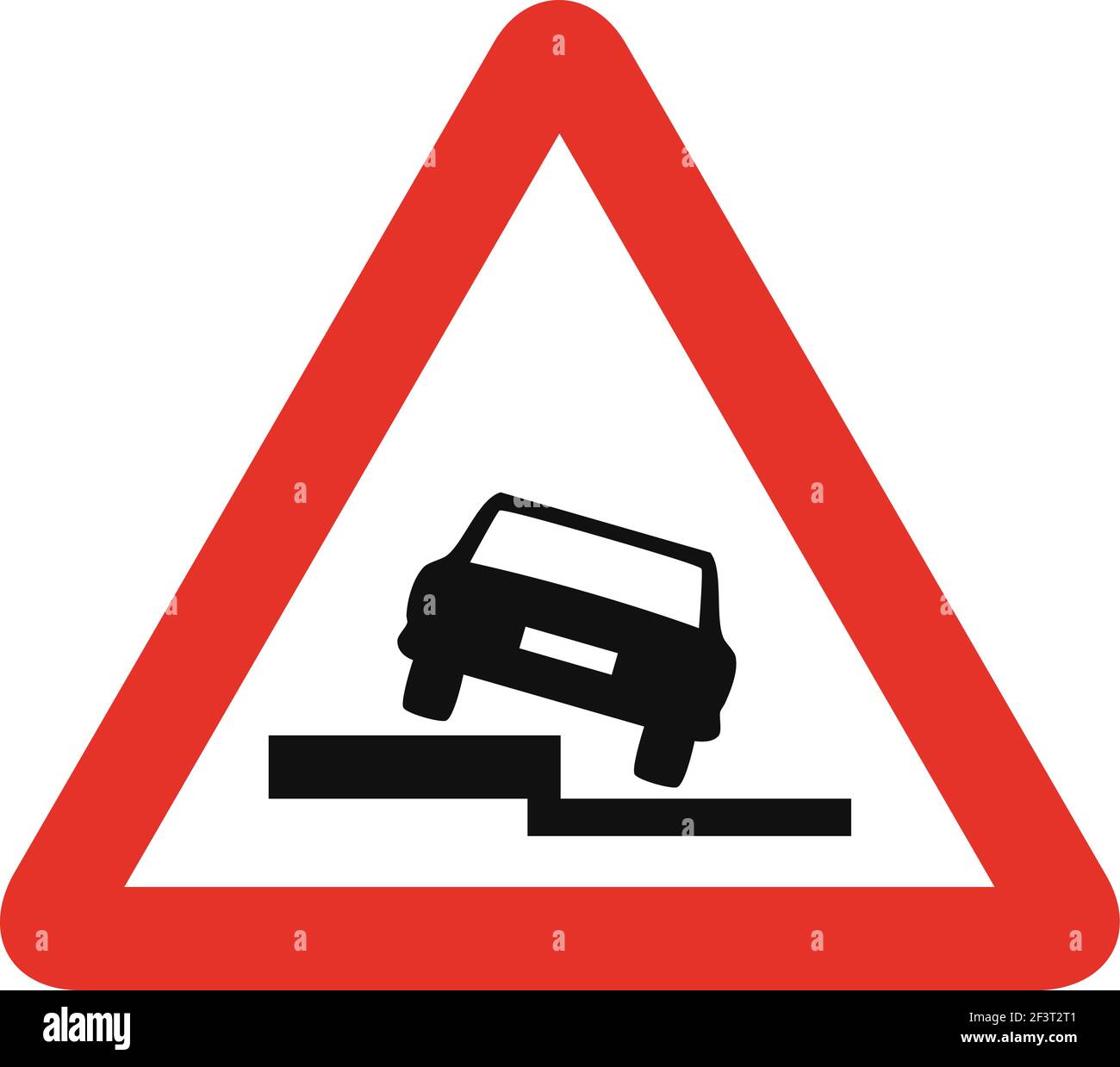 Triangular traffic signal in white and red, isolated on white background. Warning of side slope ...