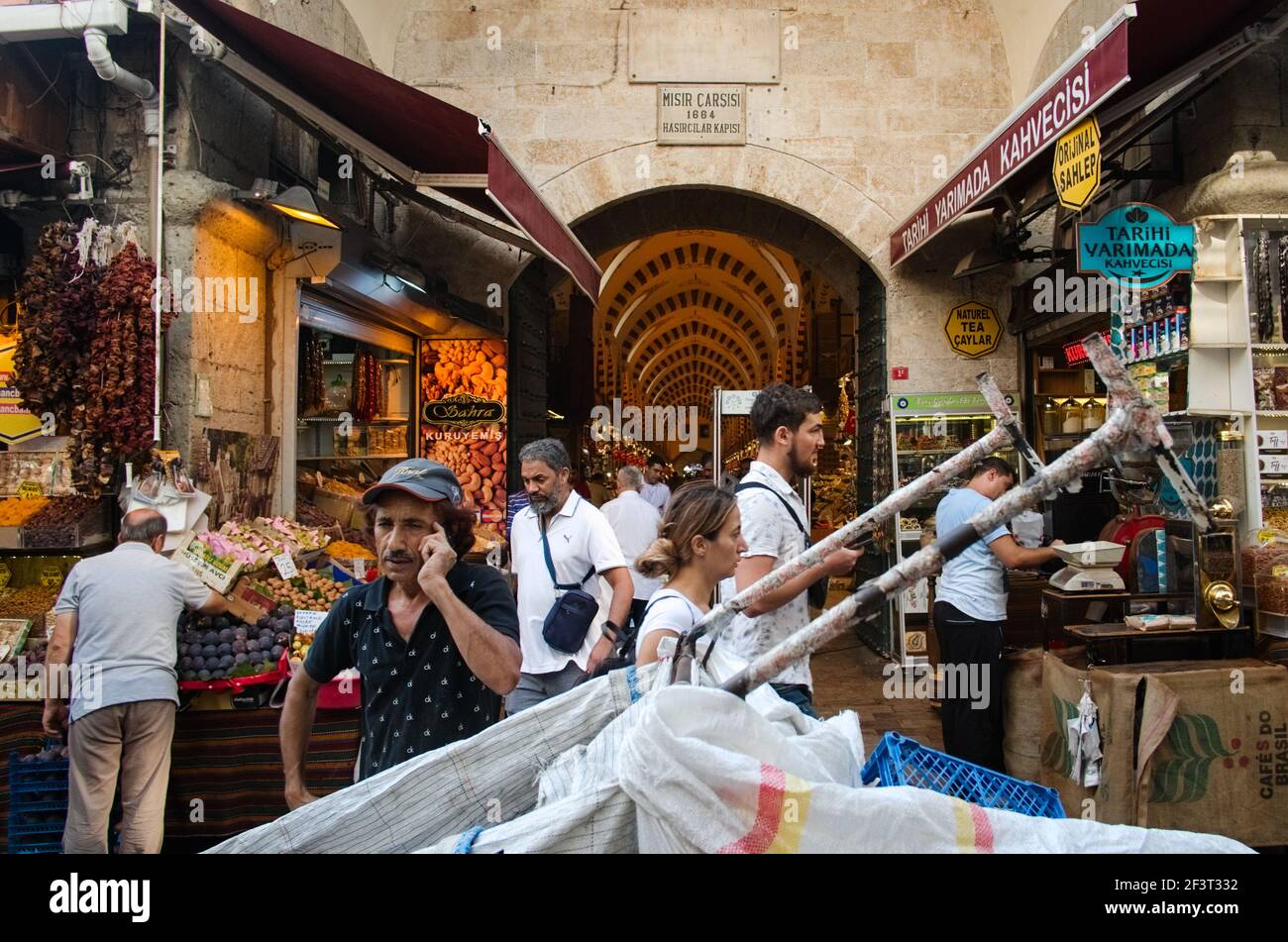 Istanbul, Turkey - September, 2018: Crowd of people near market stalls ...