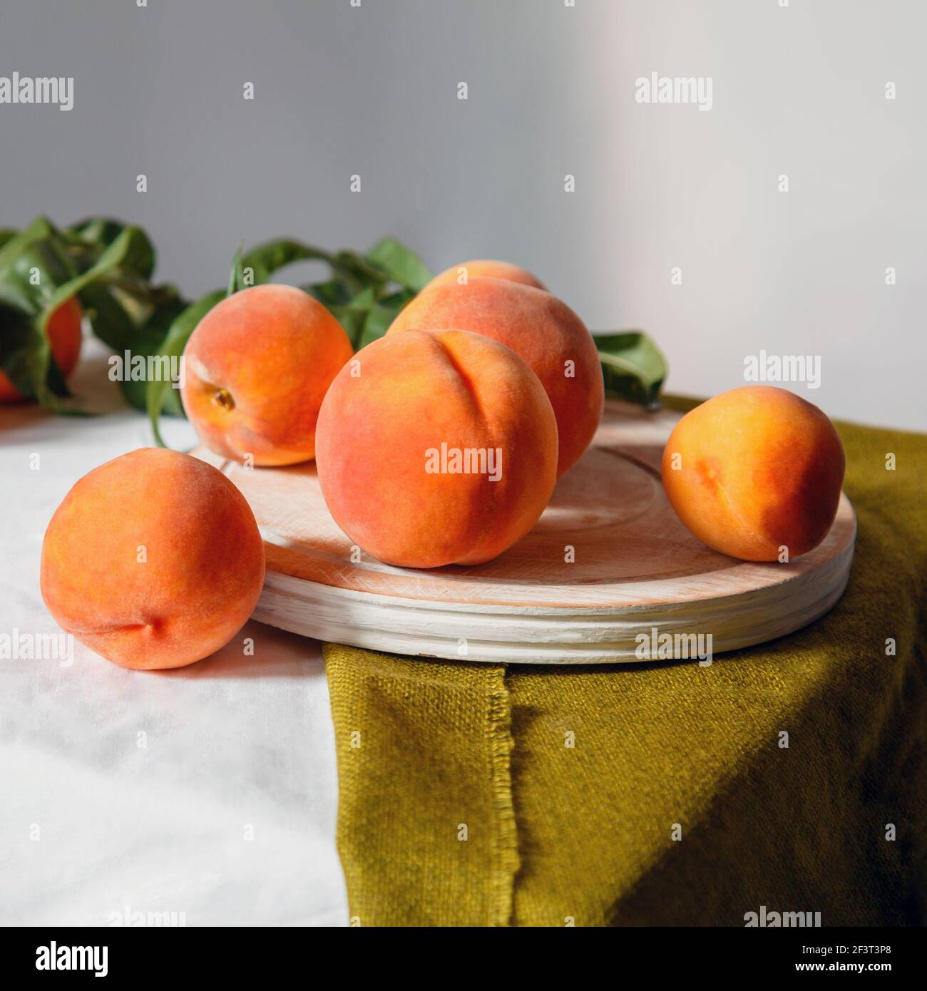 Peaches fruit Still life in minimalistic rustic style. Peaches with ...