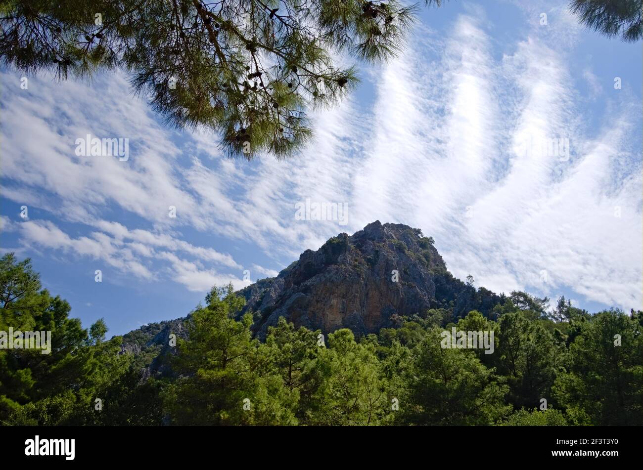 Rocky mountain peak against cloudy blue sky on Cirali Beach. Turkey ...
