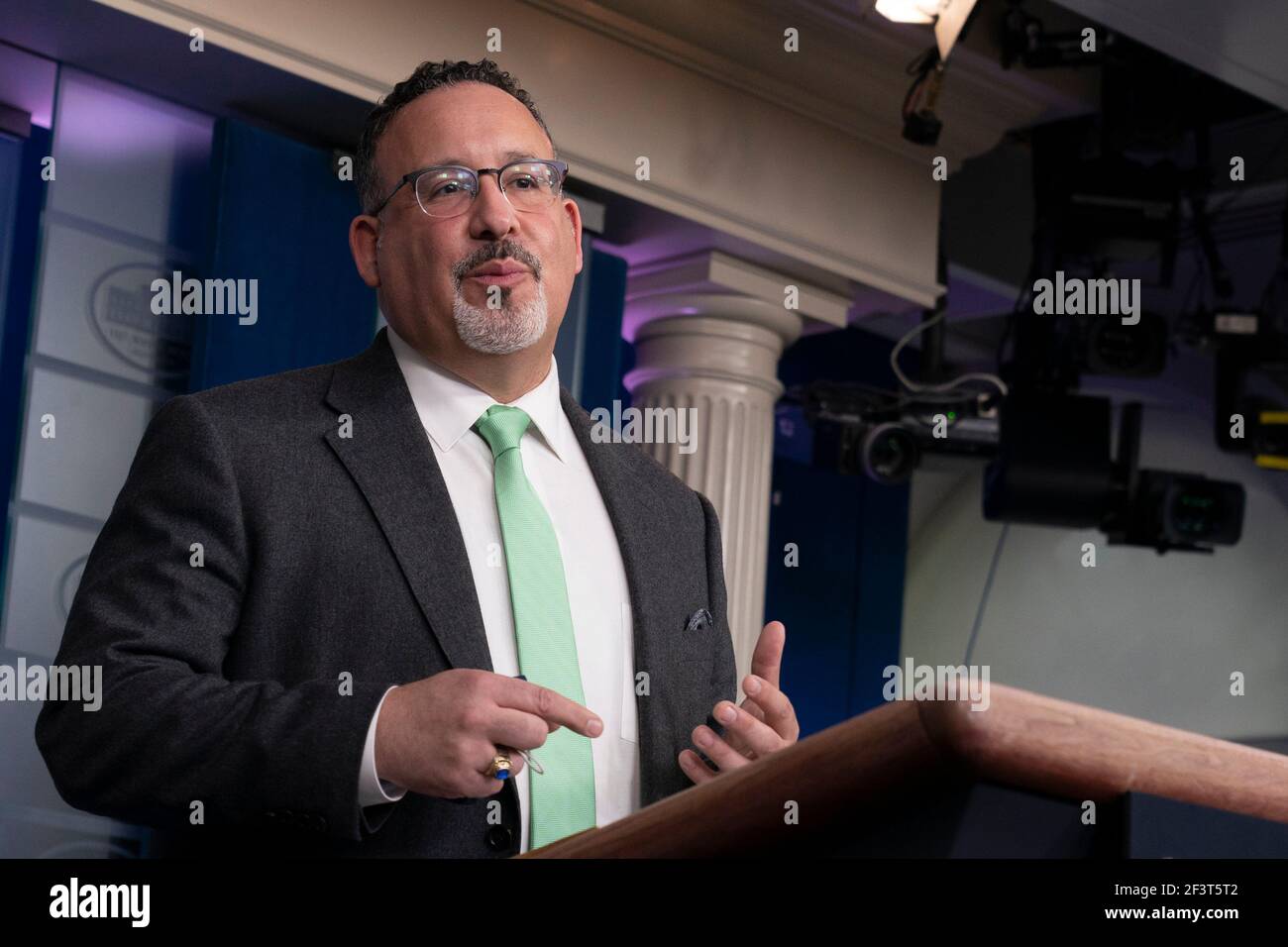 United States Secretary of Education Miguel Cardona holds a briefing at ...