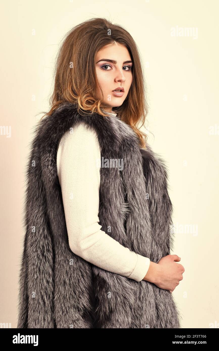 Winter fashionable wardrobe for female. Silver fur vest fashion ...