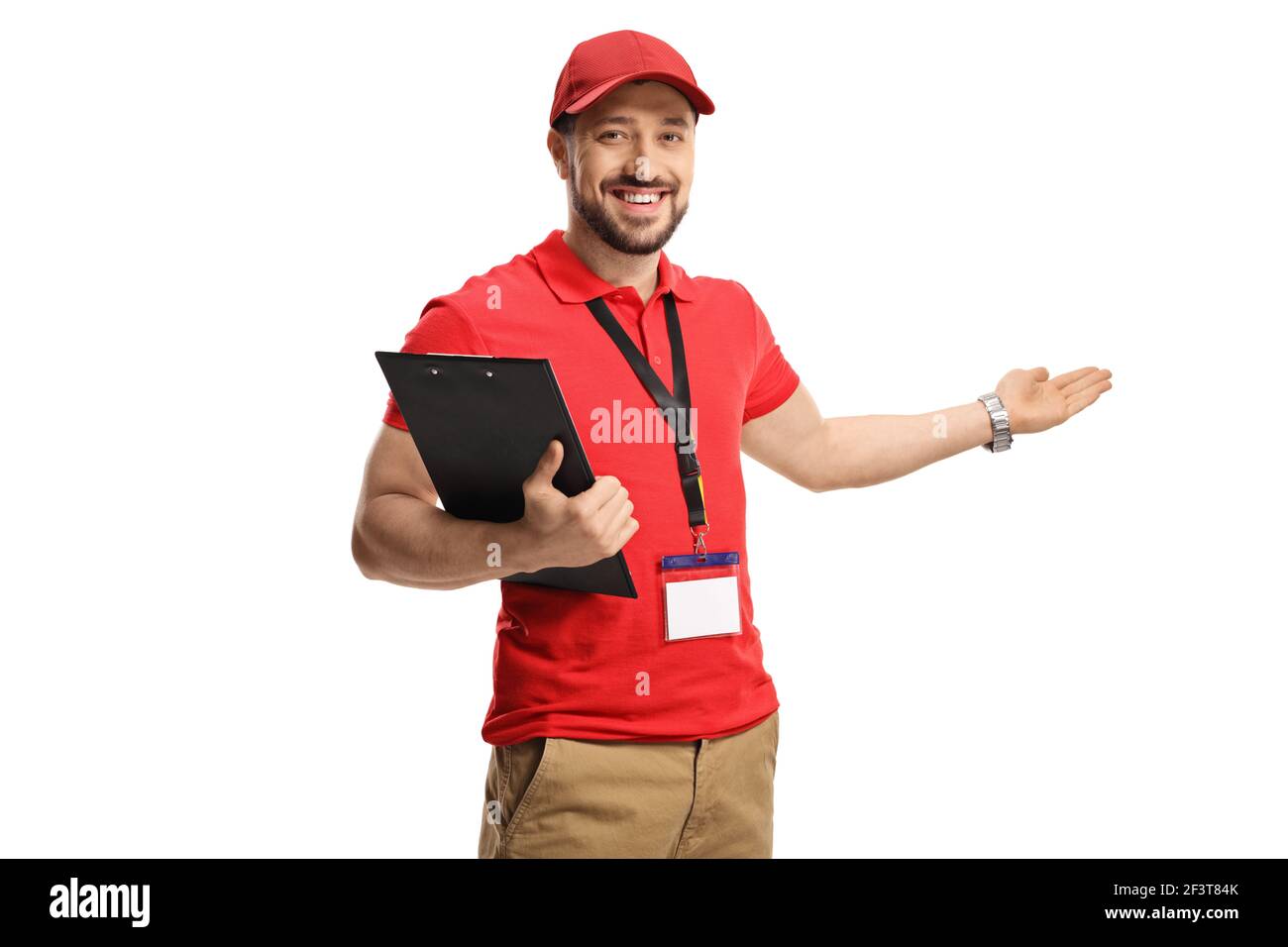 Male shop assistant gesturing welcome isolated on white background ...