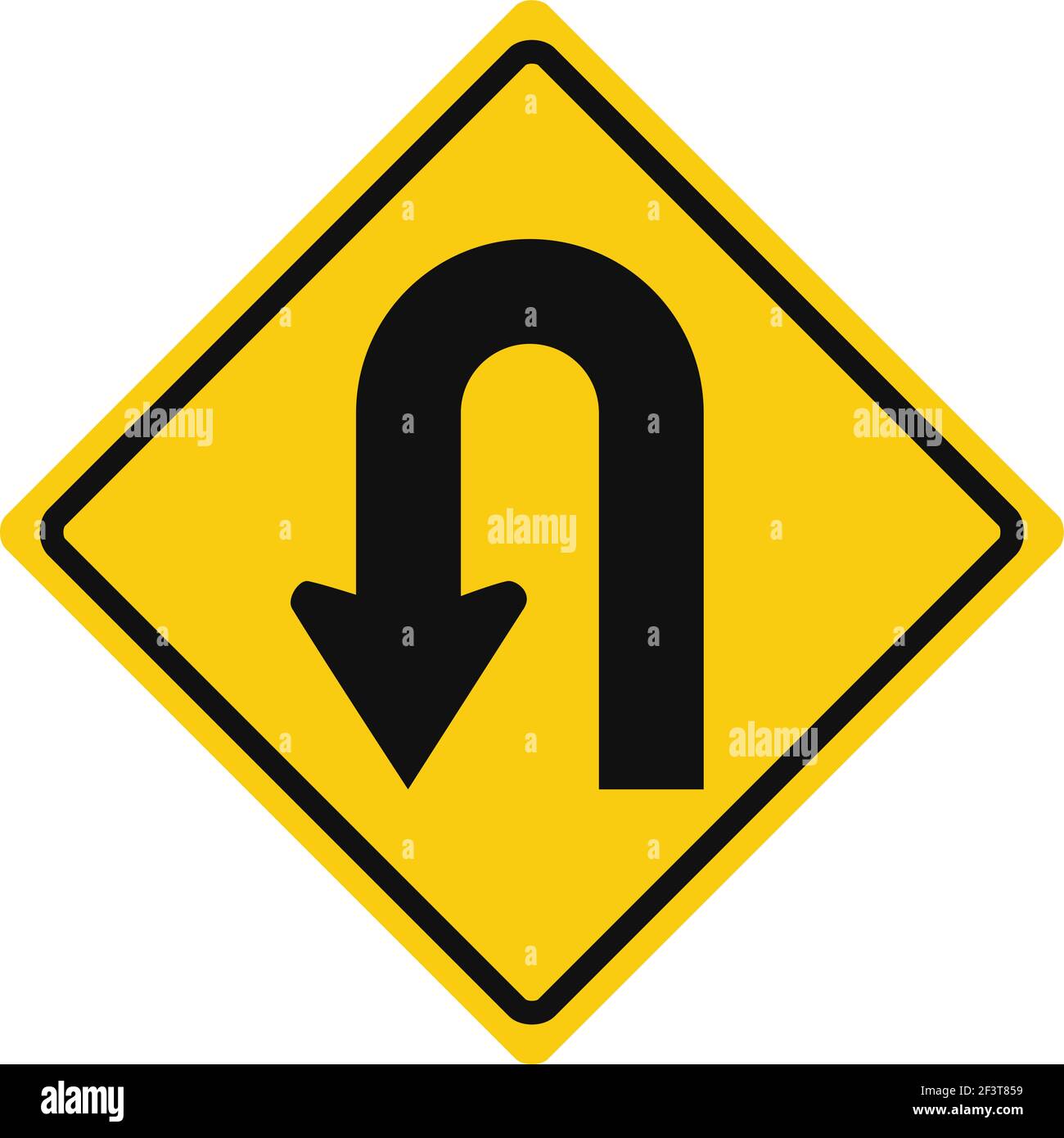 Rhomboid traffic signal in yellow and black, isolated on white background. U-Turn on the left ...