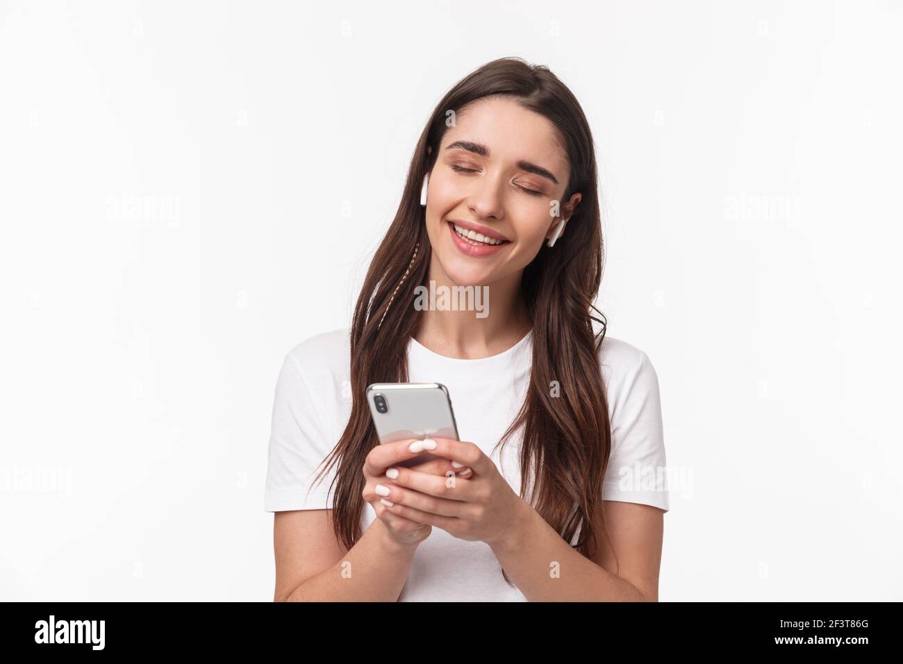 Close-up portrait of tender cute young brunette woman close eyes ...