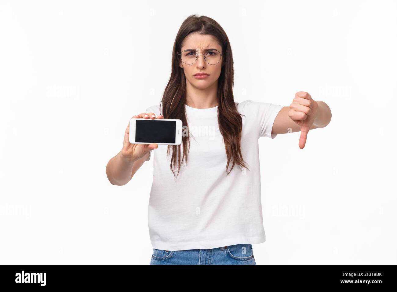 Communication, technology and lifestyle concept. Portrait of upset and ...