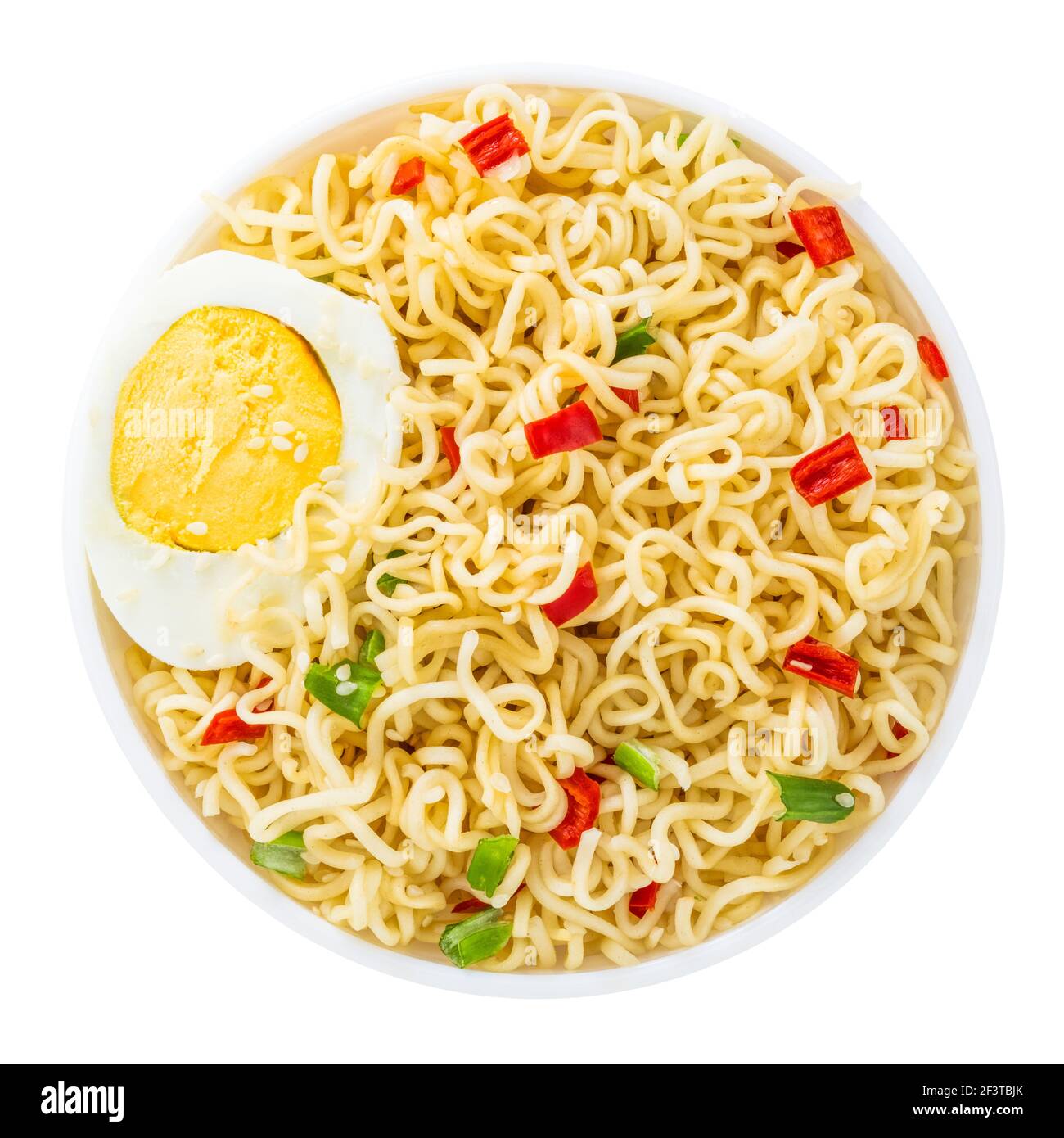 noodles with vegetables in bowl isolated on white, top view Stock Photo ...