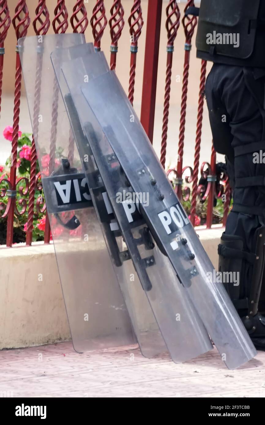 Riot shields leaning against a wall at Inti Raymi, the indigenous ...