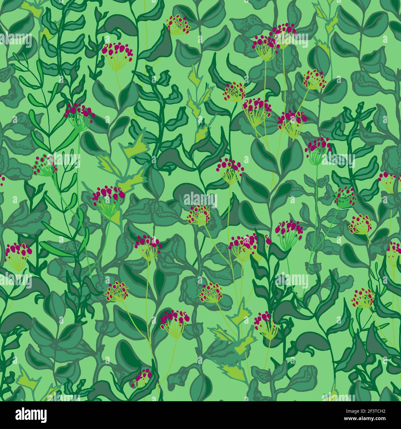 seamless pattern herbs, branches, flowers and stems with leaves ...