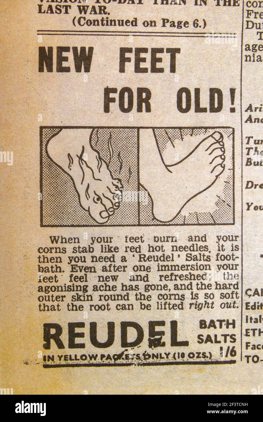 Advert for Reudel bath salts ('New Feet for old') in the Daily Sketch ...