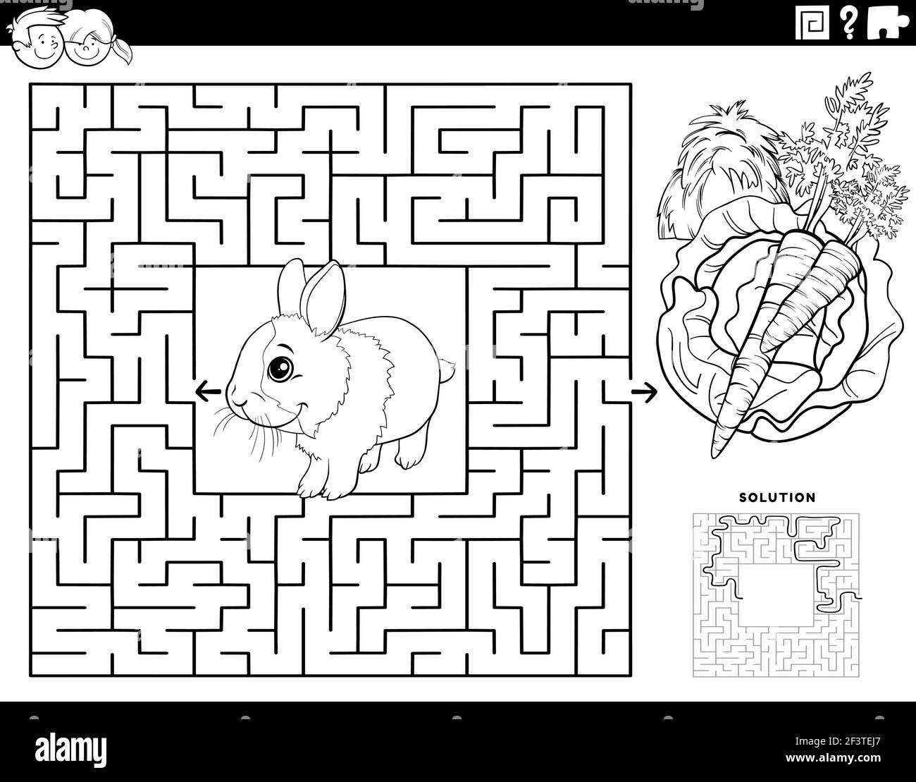 Black and white cartoon illustration of educational maze puzzle game ...