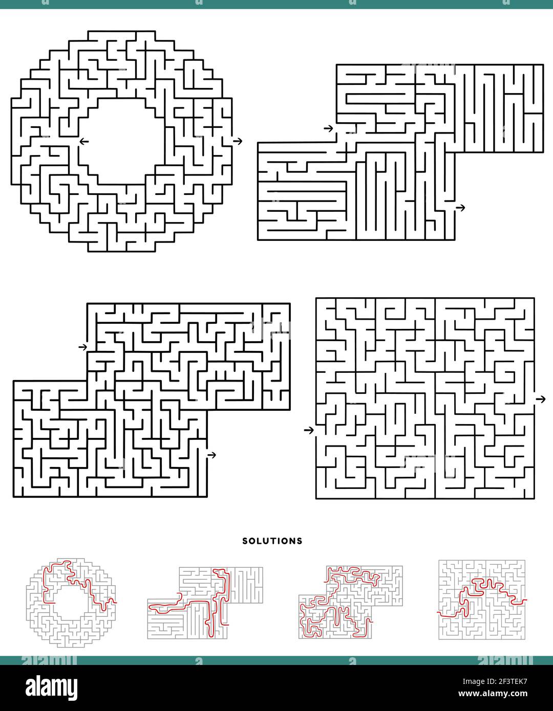 Illustration of black and white mazes leisure game graphs set with ...