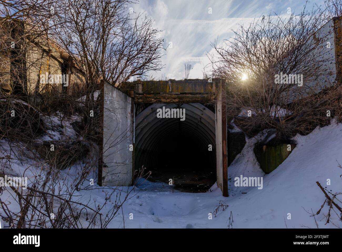 Entrance to abandoned underground depot in Soviet military base Stock ...