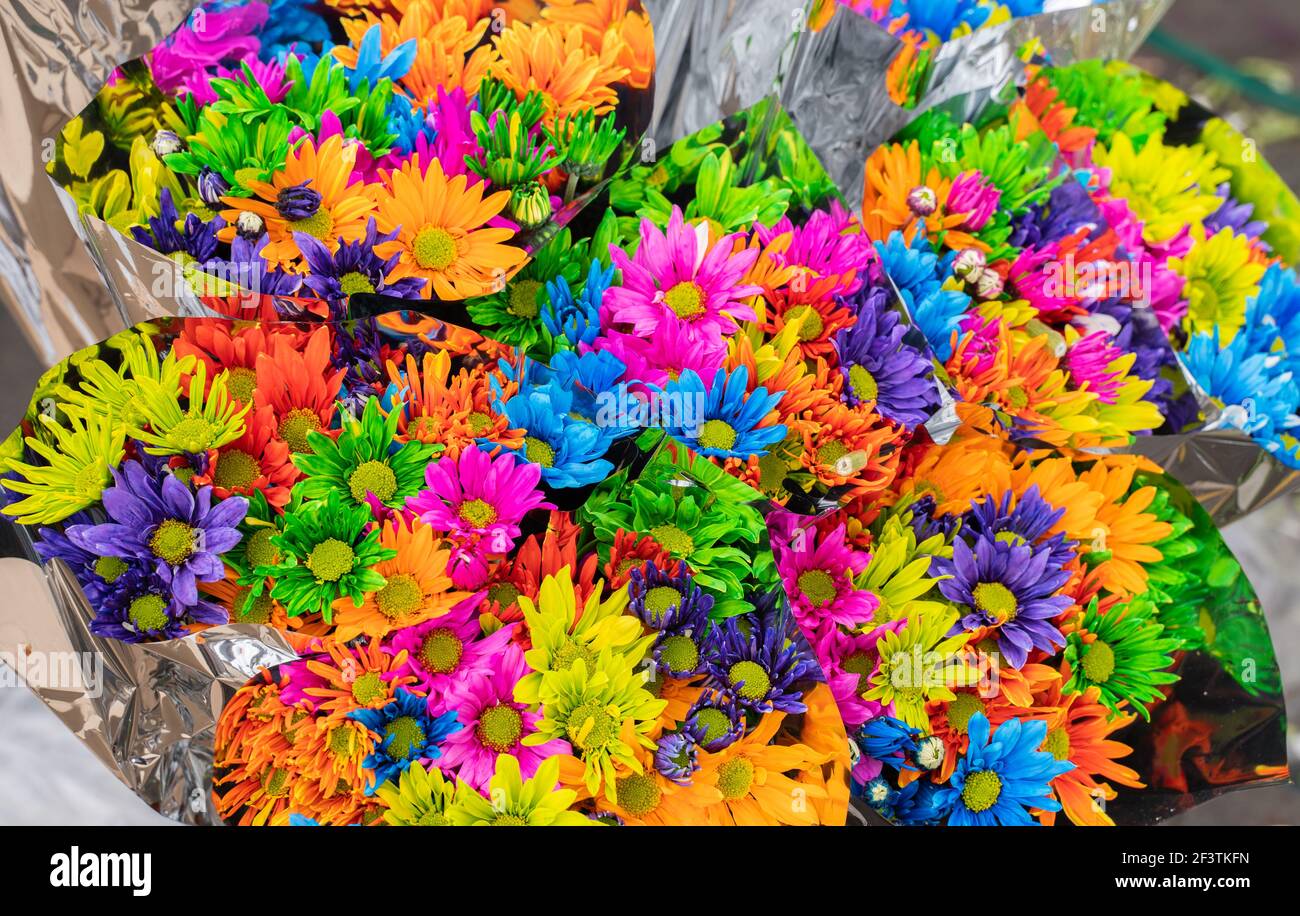 Colorful flower bouquets at Paloquemao Market Square, Bogota, Colombia ...