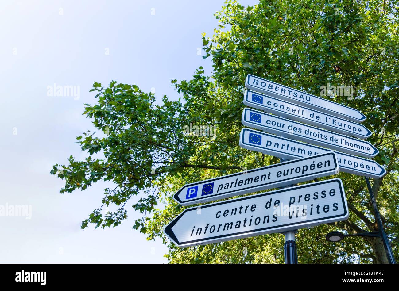 Strasbourg, France, August 2019. Information road signs for the ...