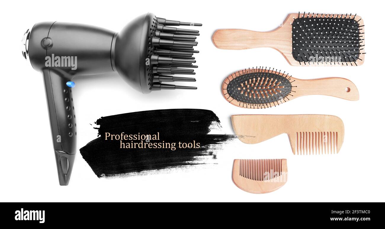 Set of professional hairdresser's supplies on white background Stock ...