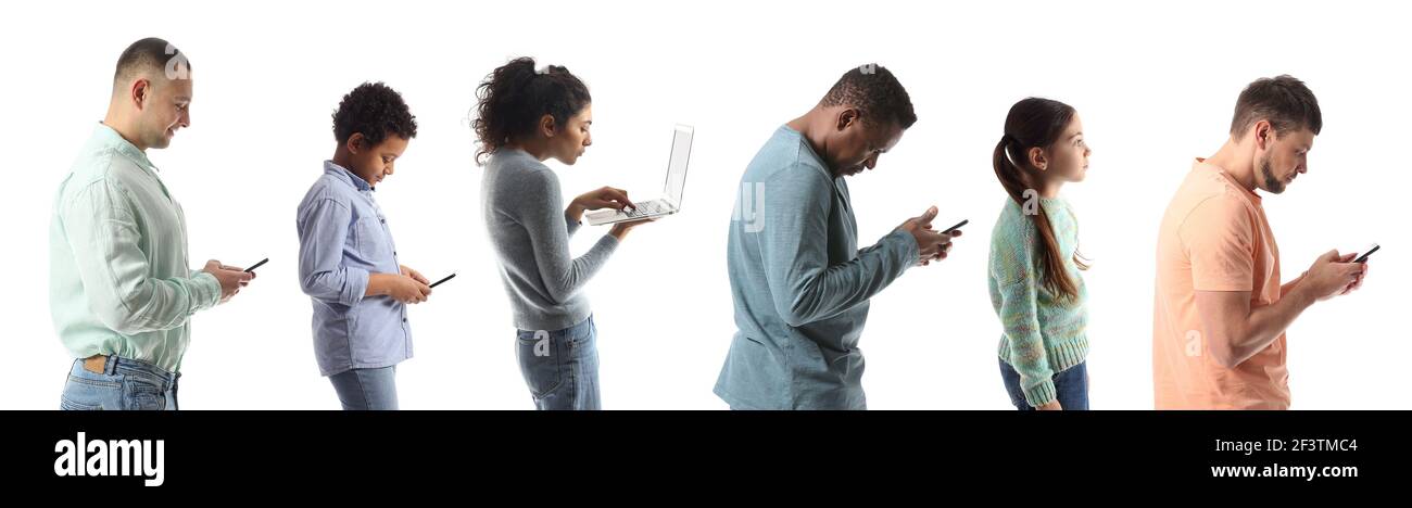 People with bad and proper posture using gadgets on white background ...