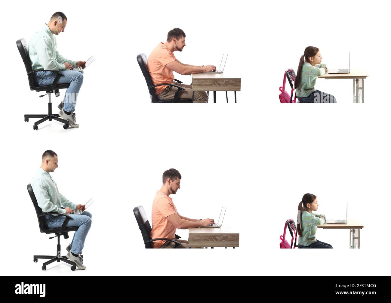 Sitting people with bad and proper posture on white background Stock ...