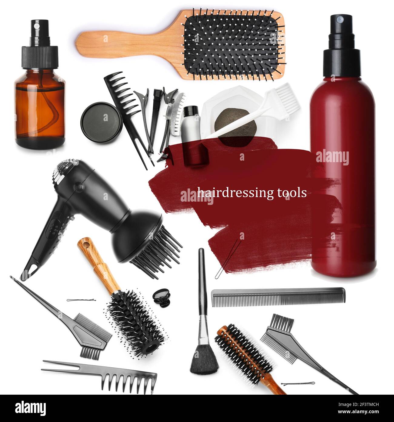 Set of hairdresser's tools and cosmetics on white background Stock ...